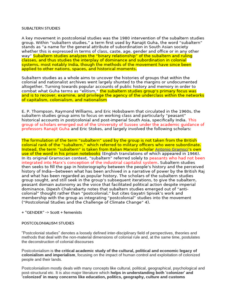 SUBALTERN +POSTCOLONIALISM Studies | PDF | Postcolonialism | Liberal ...