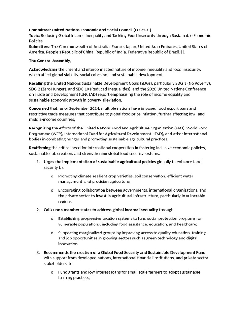 ECOSOC Committee Backup Resolution 2024 - Arjun | PDF | Food Security ...
