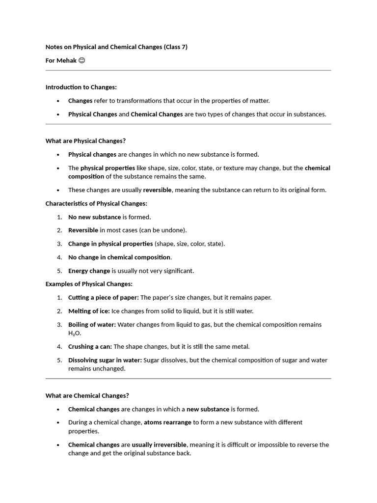 Notes on Physical and Chemical Changes | PDF | Chemical Substances ...