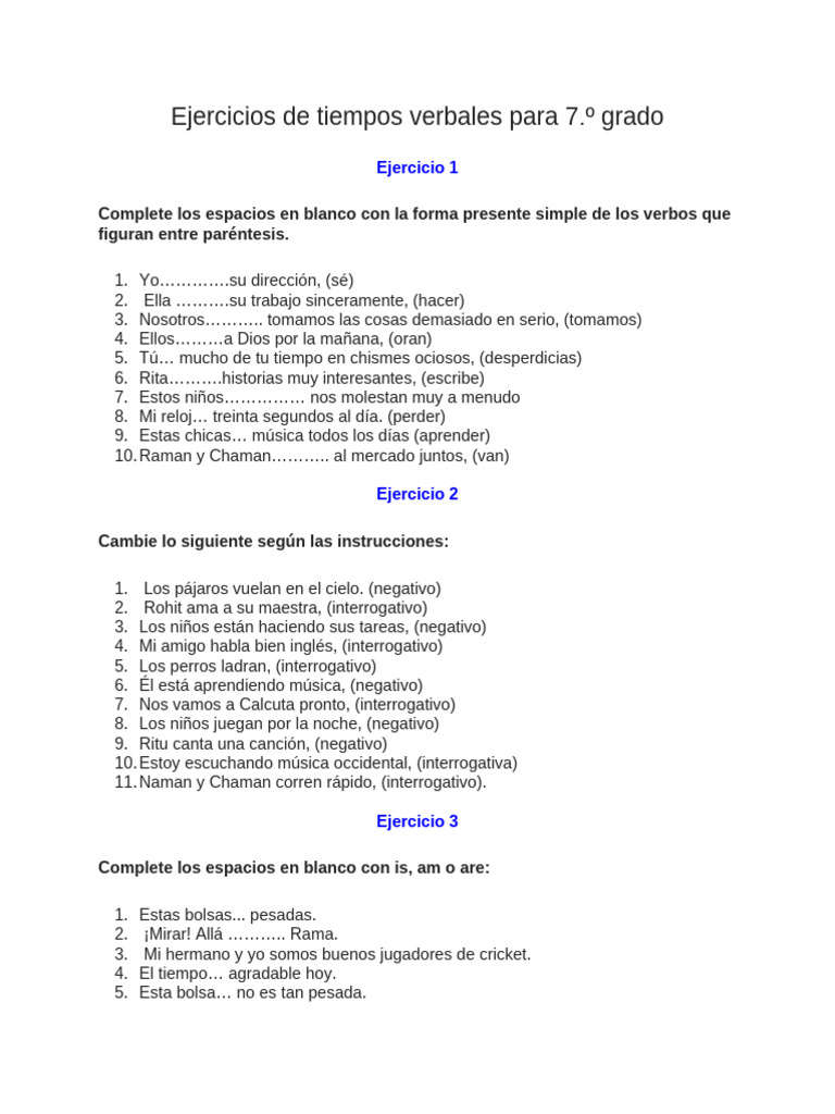 Ejercicios de Tiempos para Séptimo Grado | PDF
