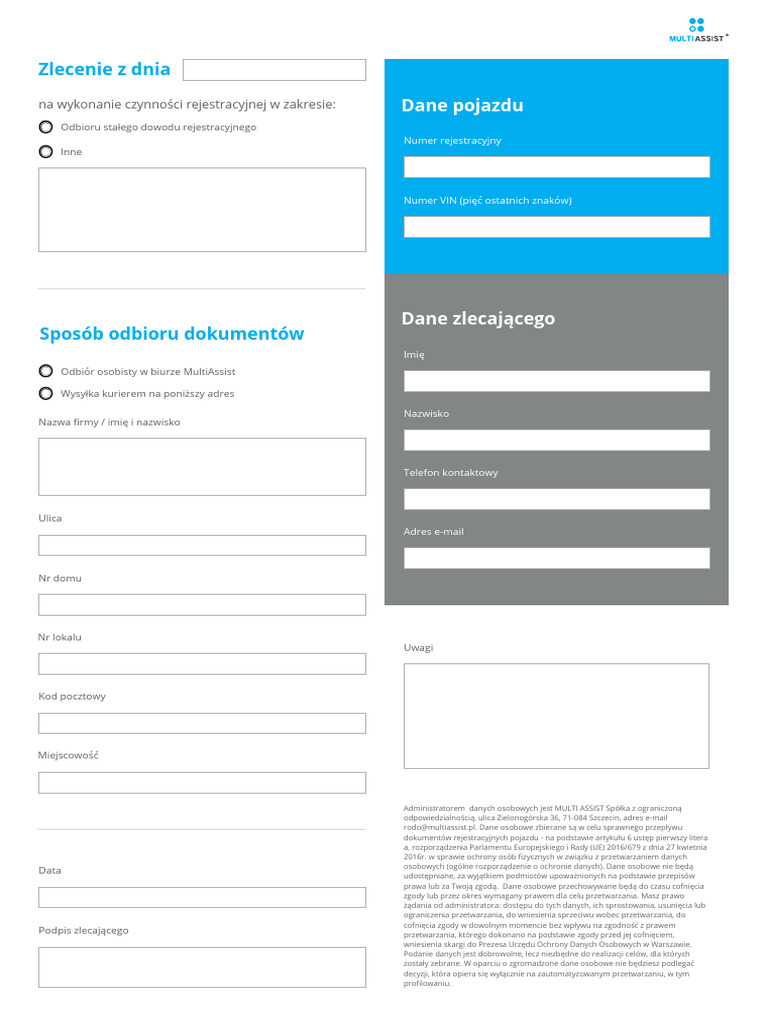Multiassist Formularz Rejestracja Pojazdu | PDF