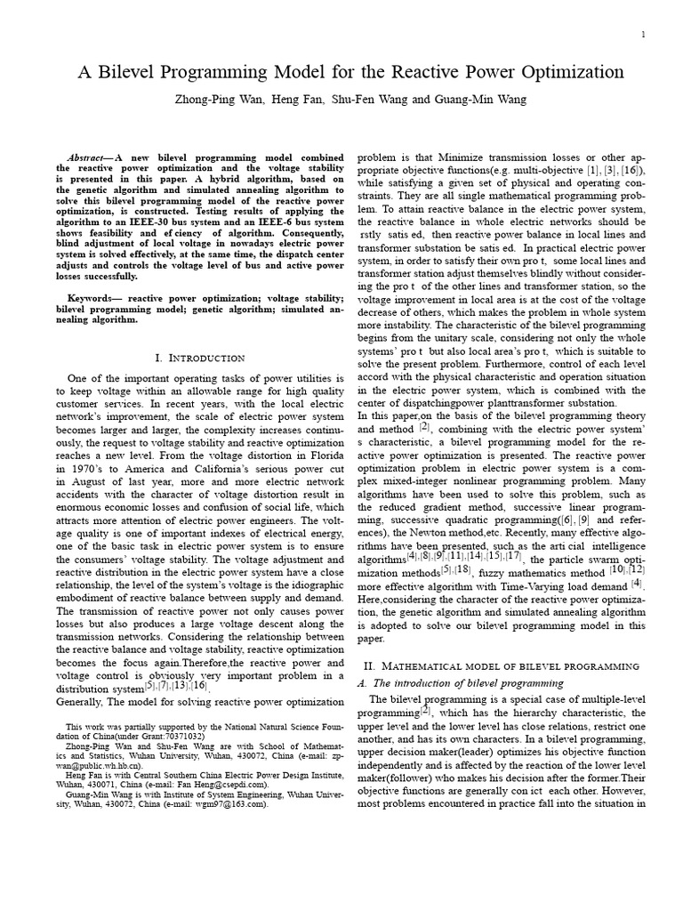 A Bilevel Programming Model For The Reactive Power Optimization Pdf