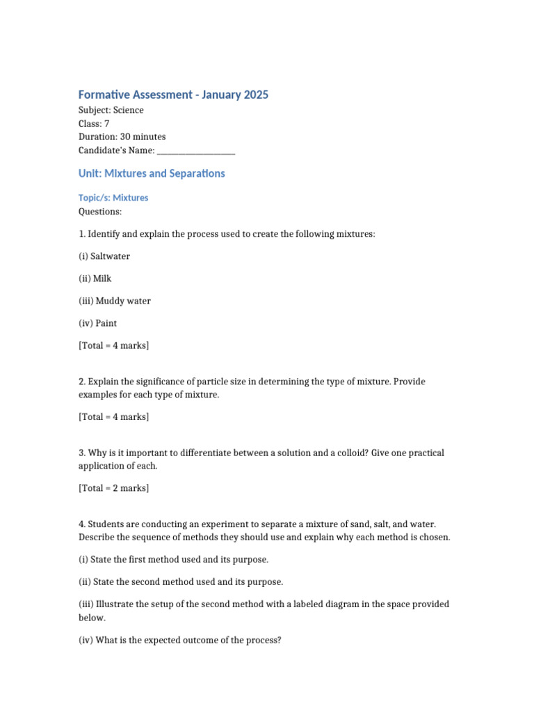 Science Formative Assessment Questions | PDF