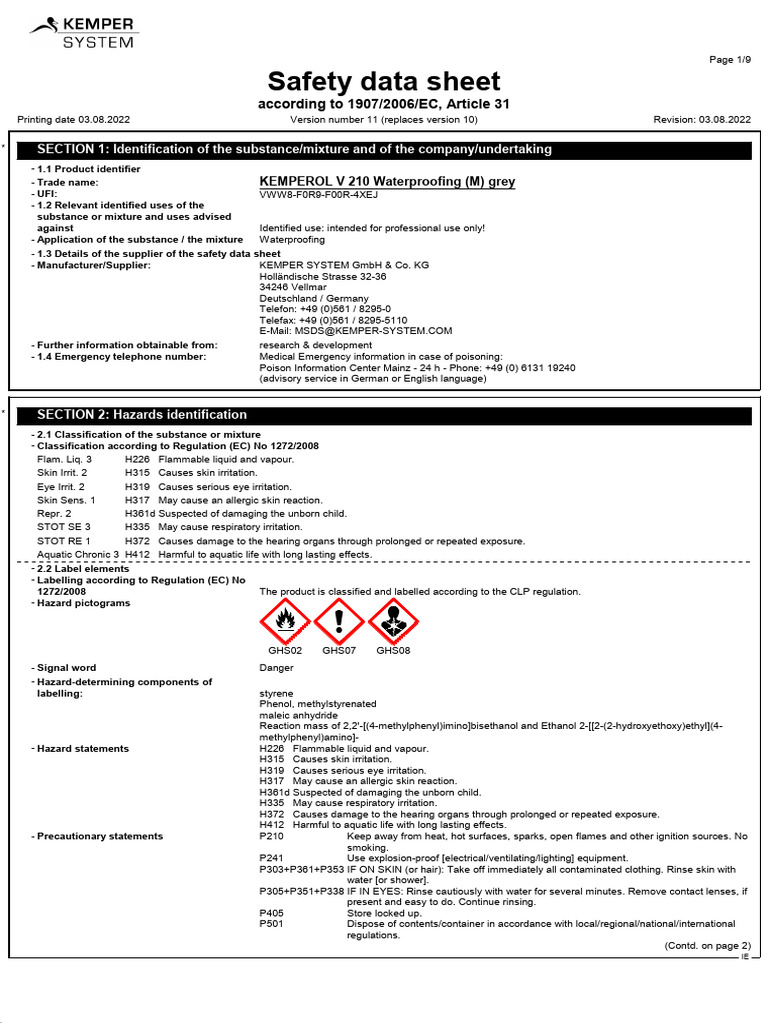 Msds Kemperol V 210 Waterproofing M Grey en Ir | PDF | Dangerous Goods ...