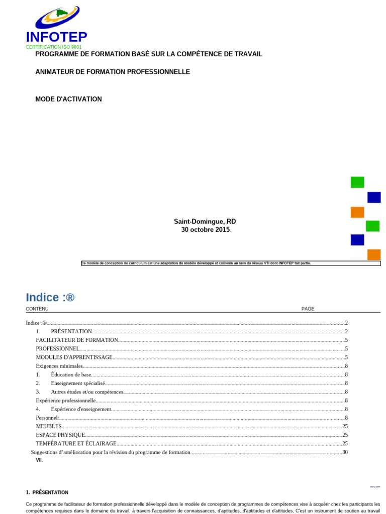 Programme INFOTEP Facilitateur de La Formation Professionnelle | PDF | Pédagogie | Apprentissage