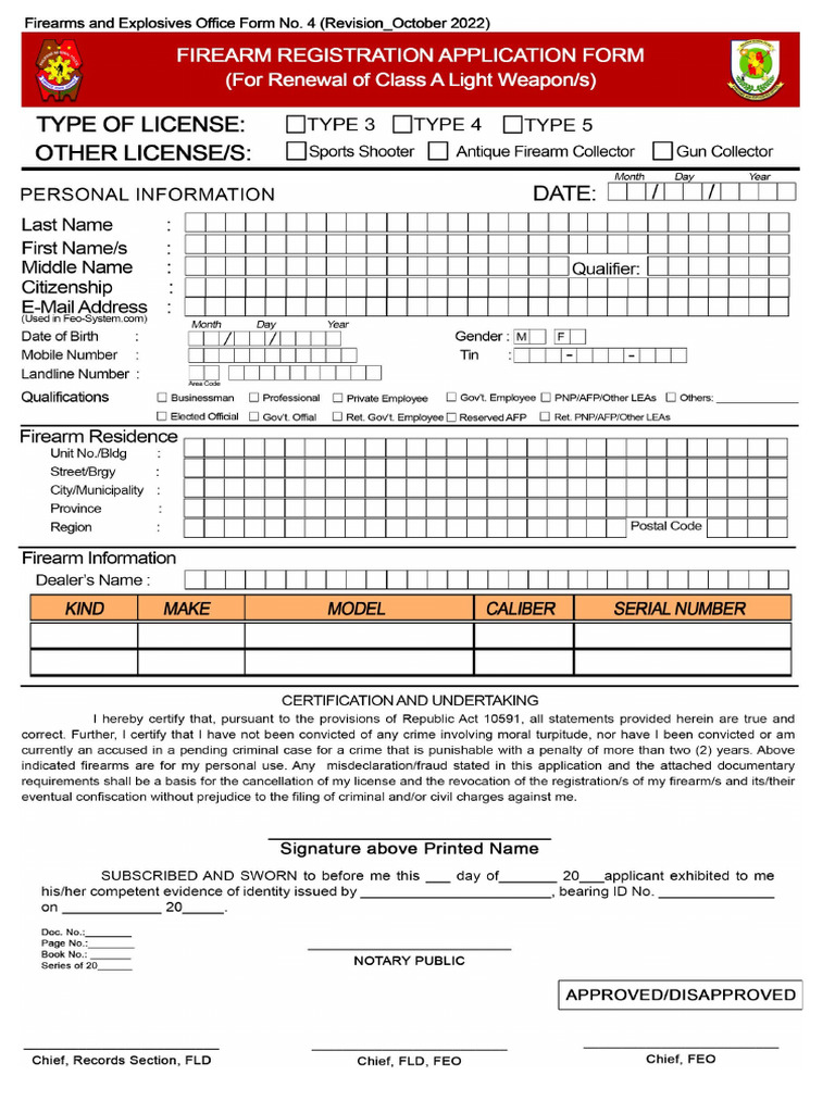 FEO FORM No. 4 Firearm Registration Application For Renewal of Class A ...