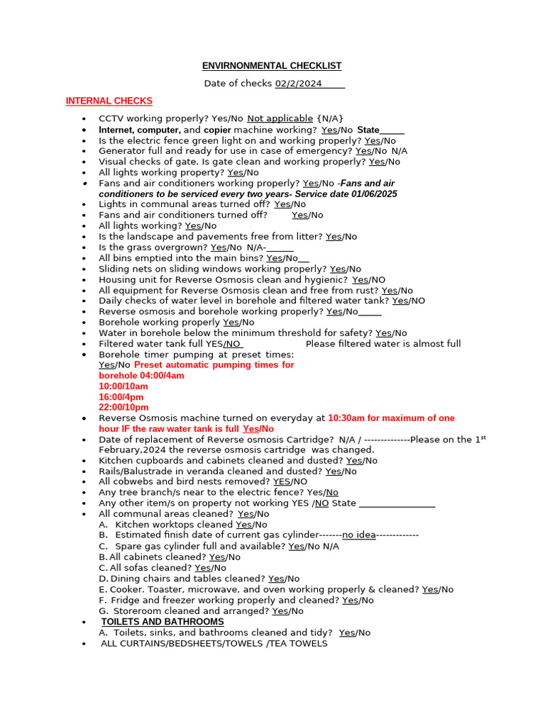 Environmental Checklist for Facility Maintenance | PDF | Home ...