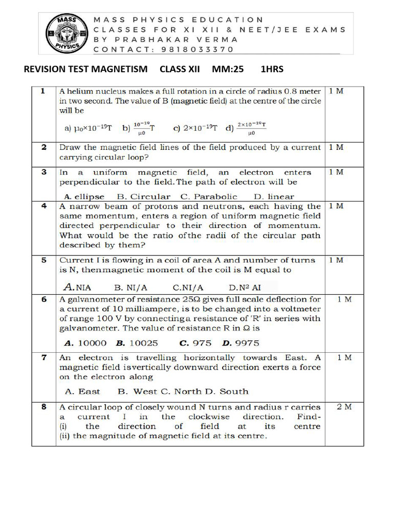 Revision Test Magnetism | PDF