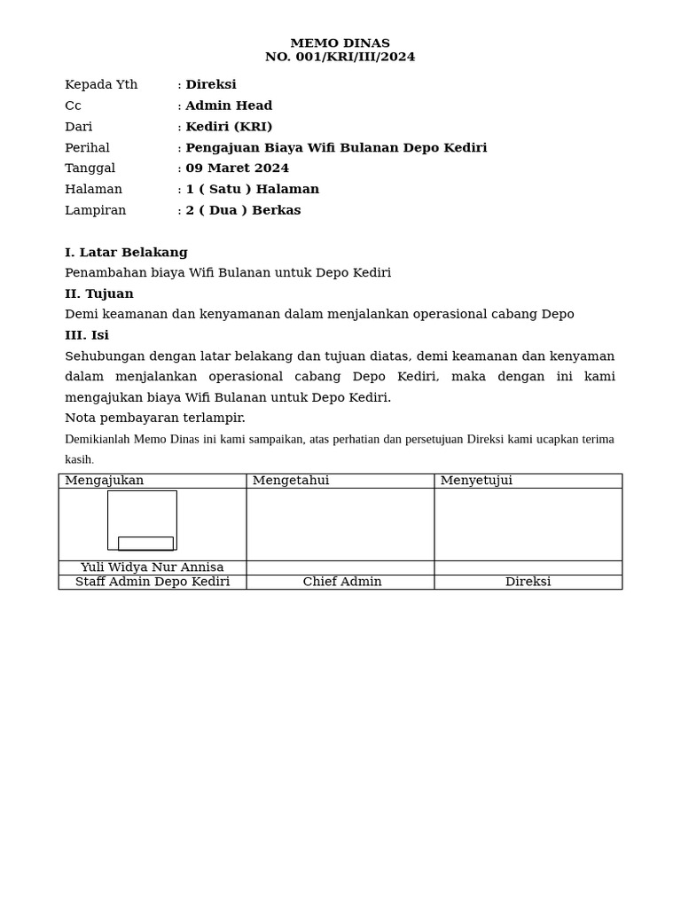 Memo Dinas Pengajuan Plafon | PDF