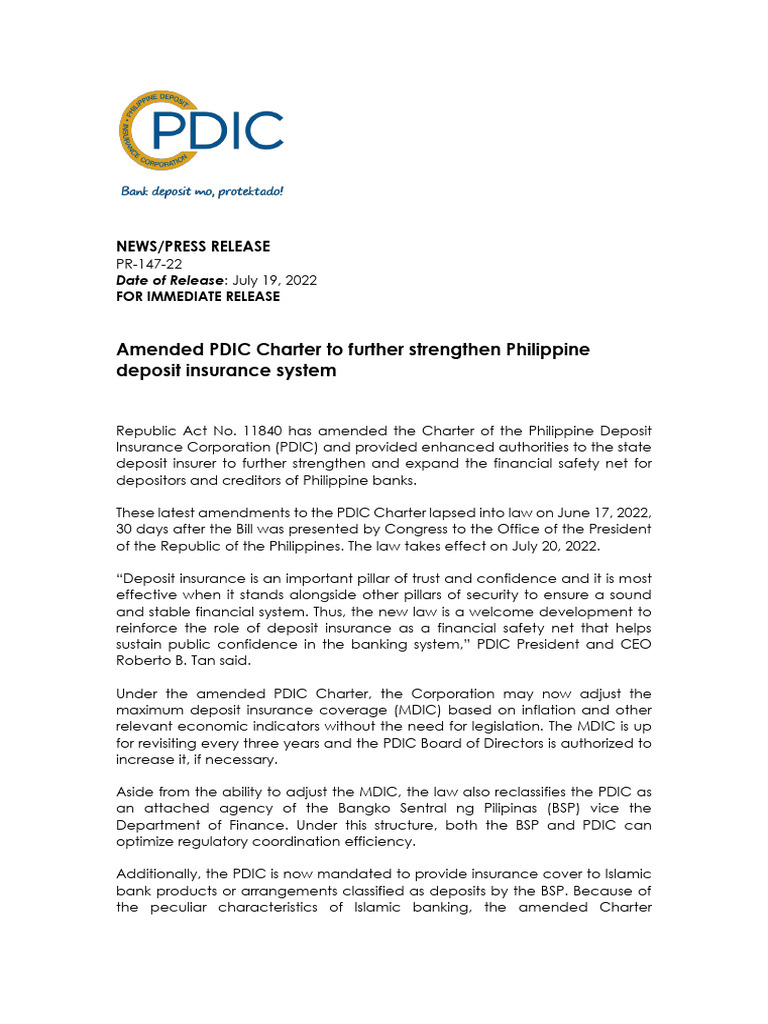 PR-147-22 Amended PDIC Charter To Further Strengthen PDI System | PDF | Deposit Insurance | Banks