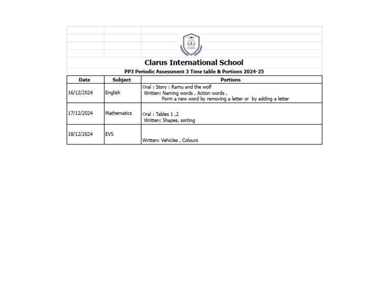 Clarus School PP3 Assessment Timetable 2024 | PDF