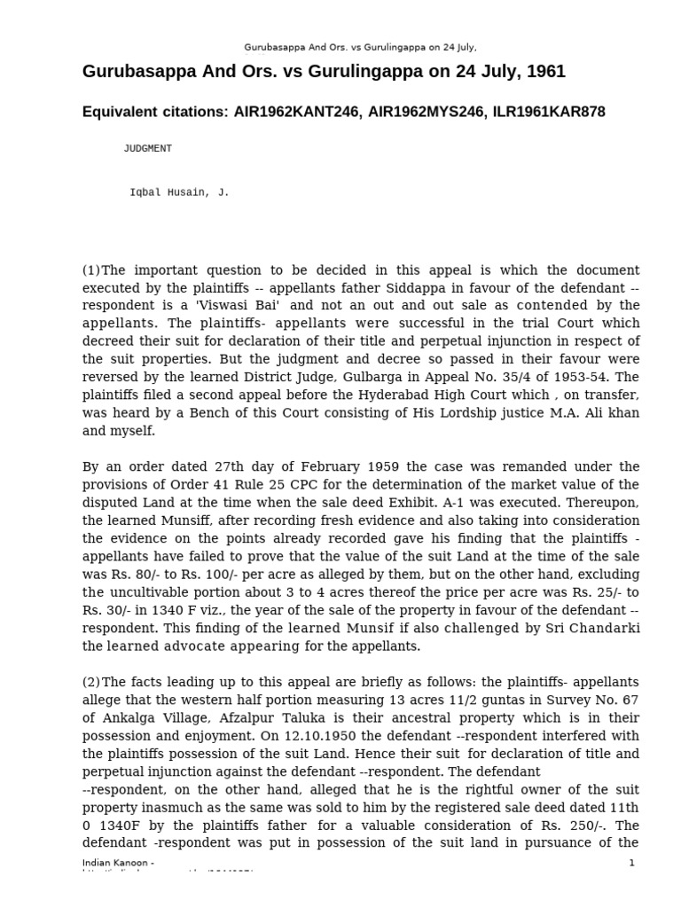 Gurubasappa and Ors Vs Gurulingappa On 24 July 1961 | PDF | Lawsuit ...