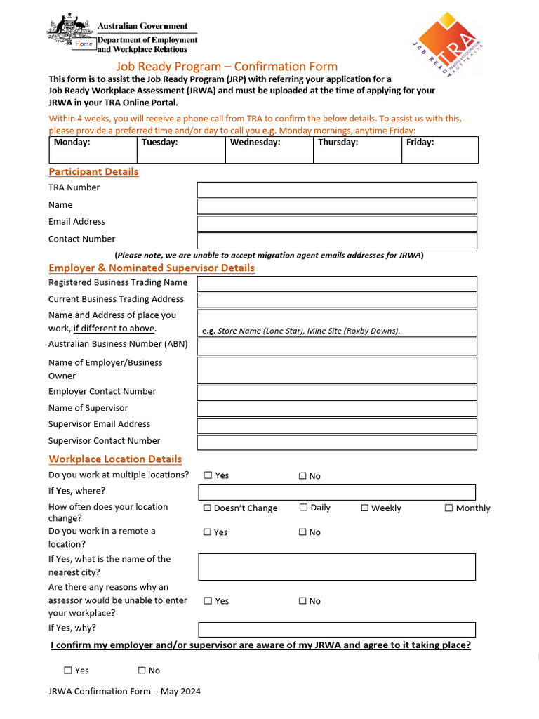 JRWA Confirmation Form - May 2024 | PDF