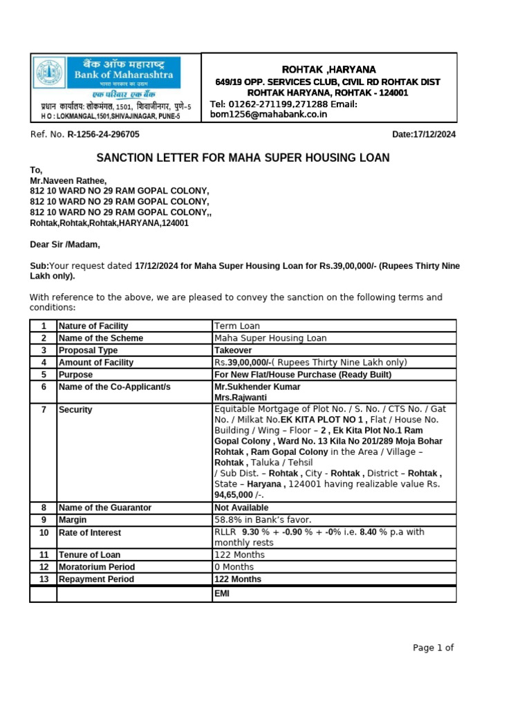 Sanction Letter | PDF | Loans | Interest