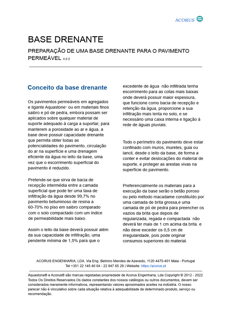 Aquastone Base Drenante Do Pavimento Permeável | PDF | Solo