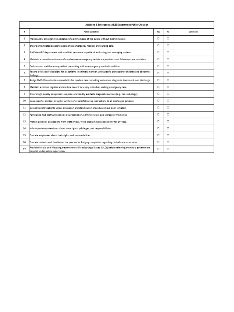 A&E Department Policy Checklist | PDF | Emergency Department | Health ...