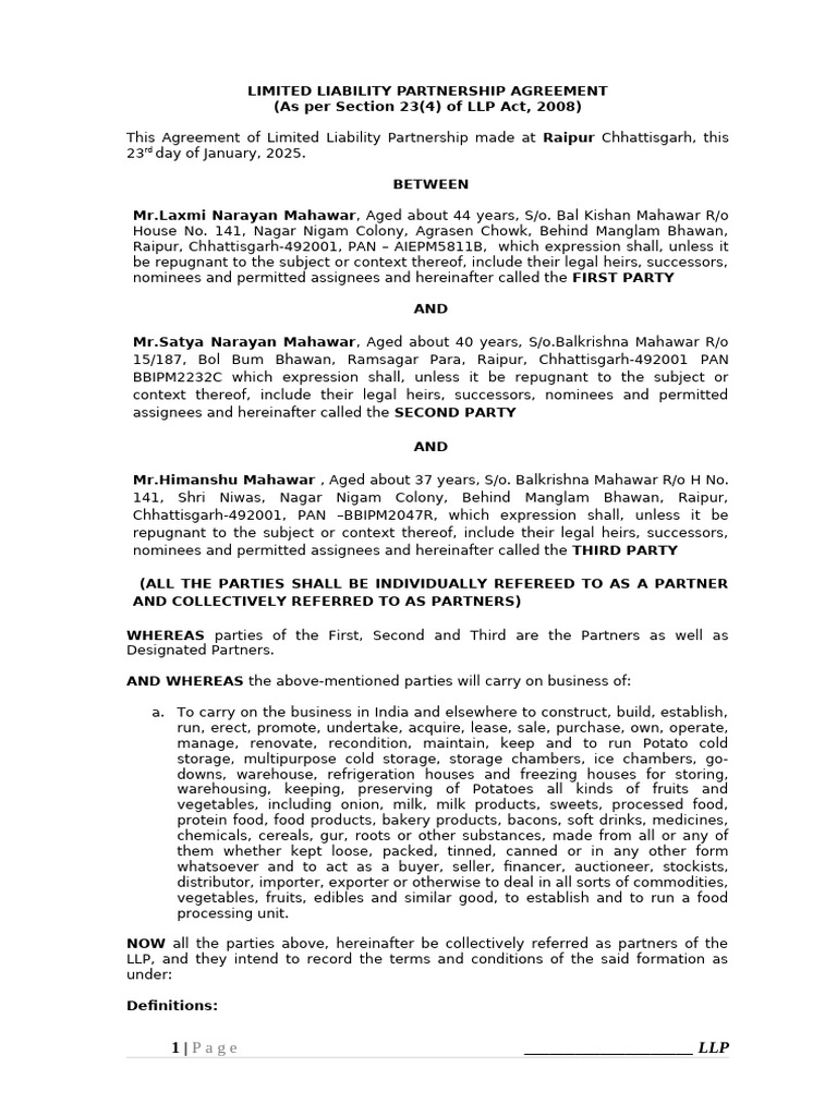 DRAFT LLP AGREEMENT-2 | PDF | Limited Liability Partnership | Partnership