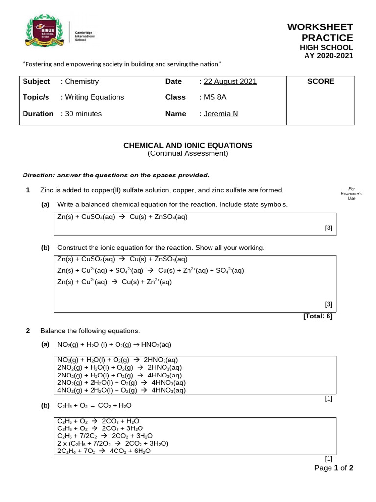 Worksheet - Chemical and Ionic Equations 1 | PDF | Zinc | Chemical Elements