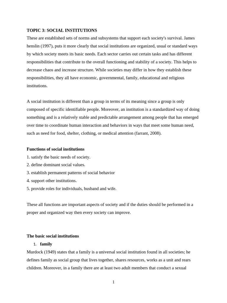 Understanding Social Institutions and Their Functions | PDF | Family ...