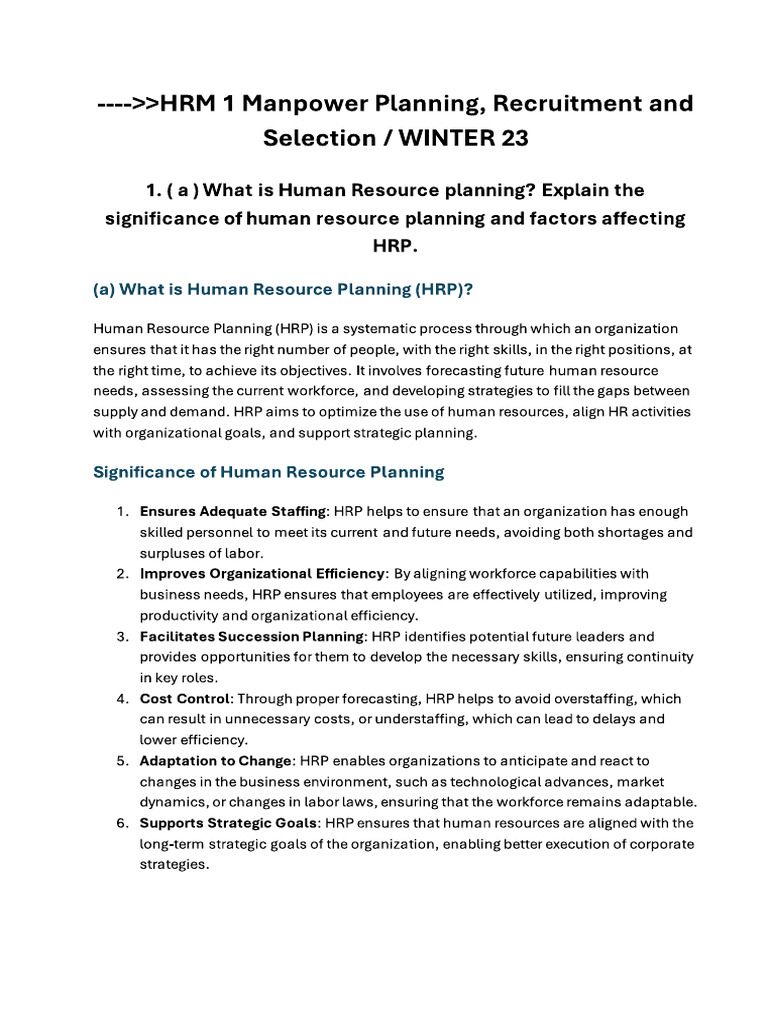 HRM 1 Manpower Planning, Recruitment and Selection | PDF