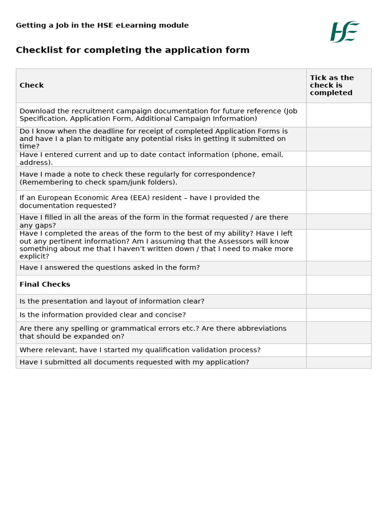 Application Form Checklist Job Aid | PDF