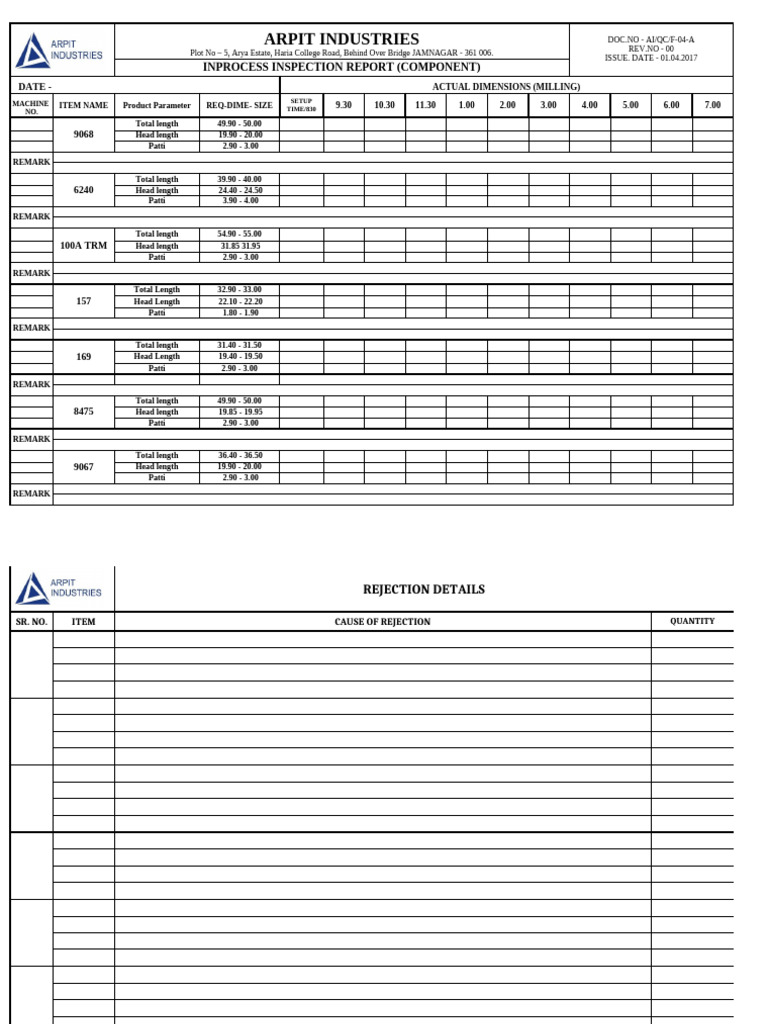 04 A B C Inprocess Inspection Report (Component) | PDF | Drilling | Wire