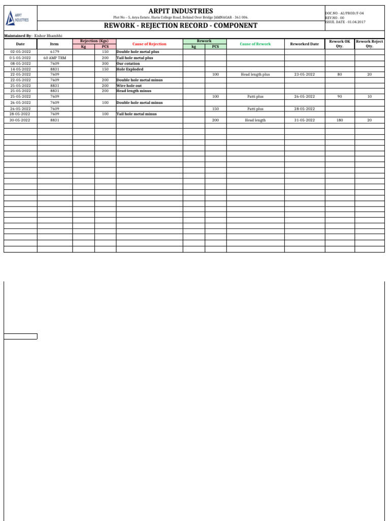 04 Rework Rejection Record Component Autosaved Pdf