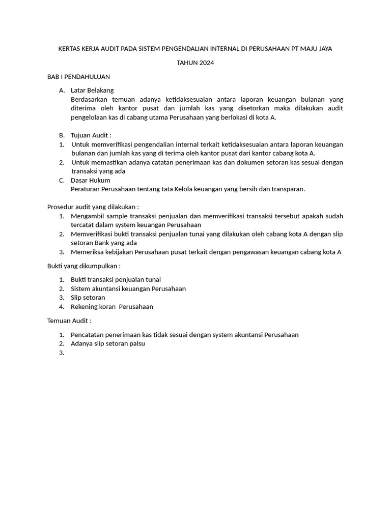 Kertas Kerja Audit Pada Sistem Pengendalian Internal Di Perusahaan PT ...