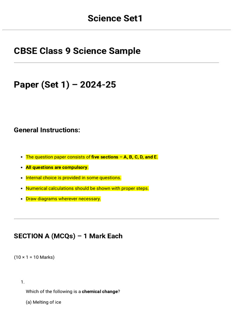 CBSE Class 9 Science Sample Paper 2025 | PDF | Force | Acceleration