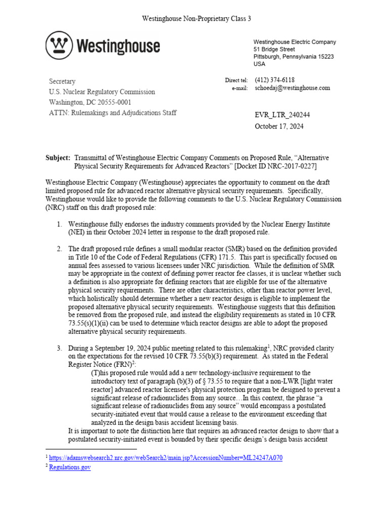 Westinghouse Comments on NRC Rule | PDF | Nuclear Regulatory Commission ...