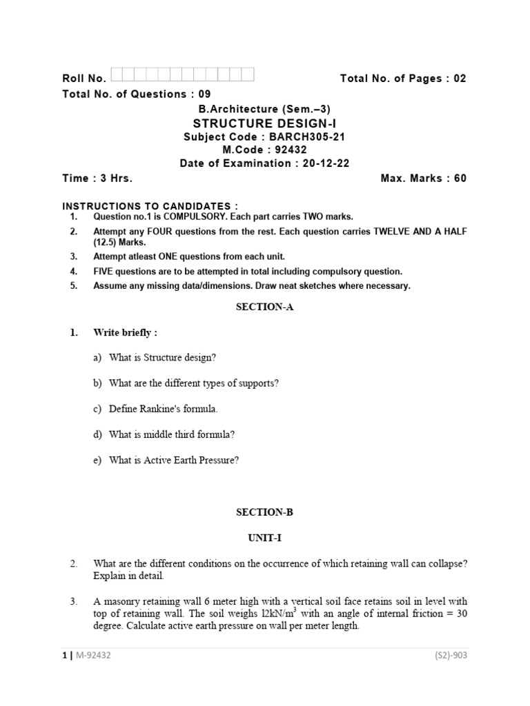 Barch 3 Sem Structure Design 1 92432 Dec 2022 | PDF | Beam (Structure ...