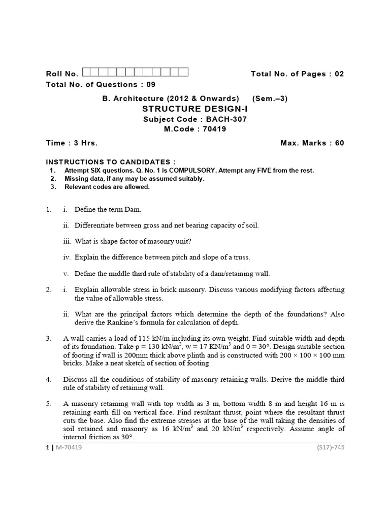 Barch 3 Sem Structure Design 1 70419 Jan 2021 | PDF | Beam (Structure ...