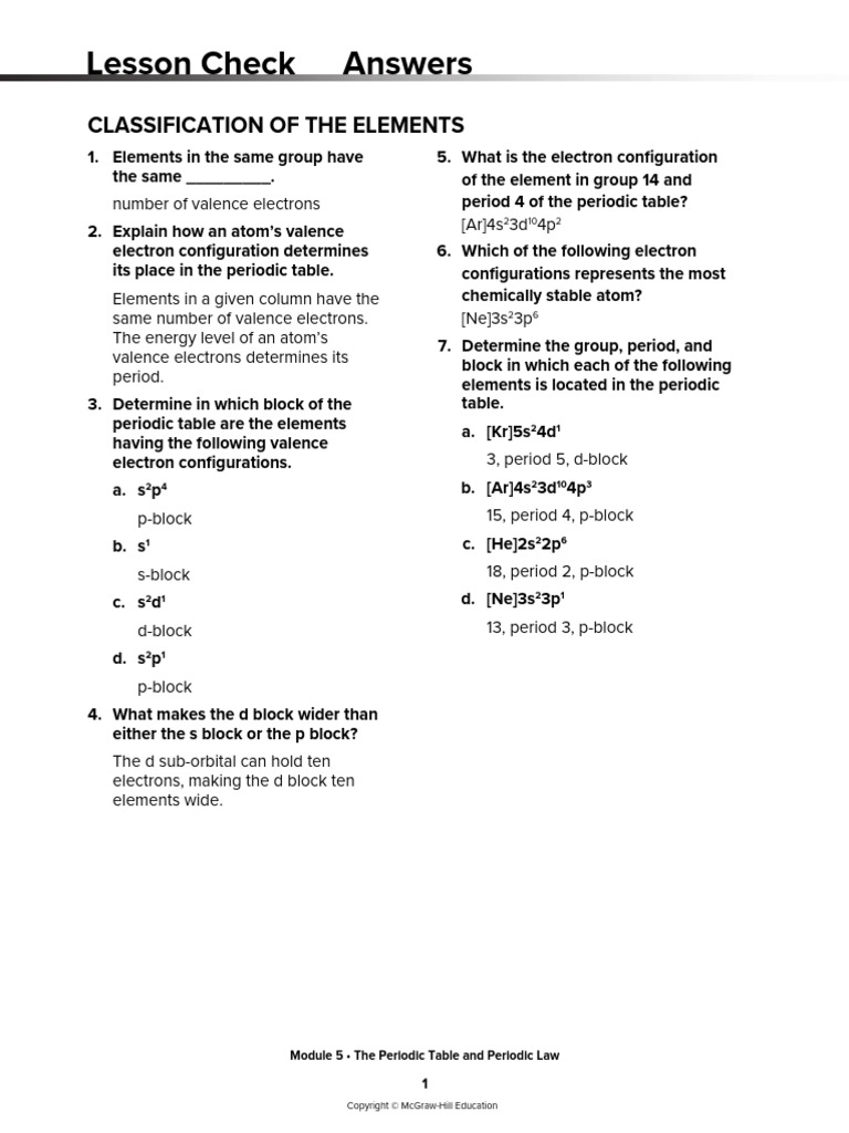 Lesson Check Answers: Classification of The Elements | PDF