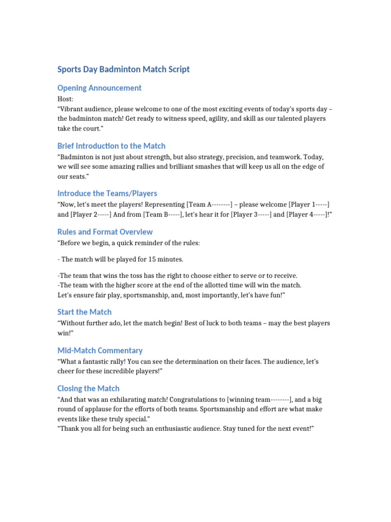 Badminton Match Script | PDF