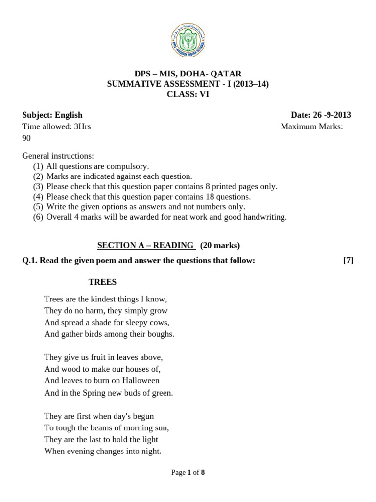 Class 6 - SA I-Q - Class VI - 2013-2014.P - 2013-14 | PDF | Scuba ...