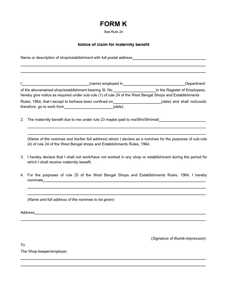 Form K - Notice of Claim For Maternity Benefit | PDF