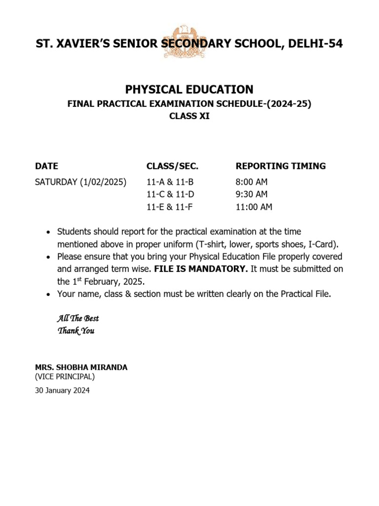Class XI Physical Education Exam Schedule | PDF