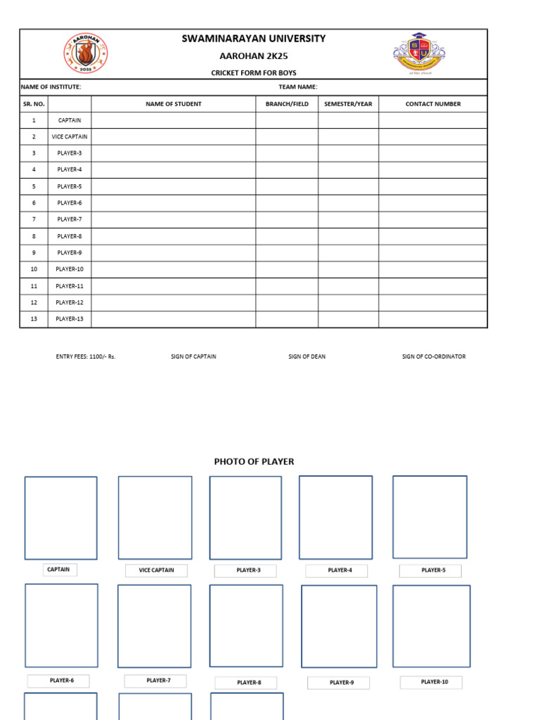 Cricket Registration Form for Aarohan 2K25 | PDF