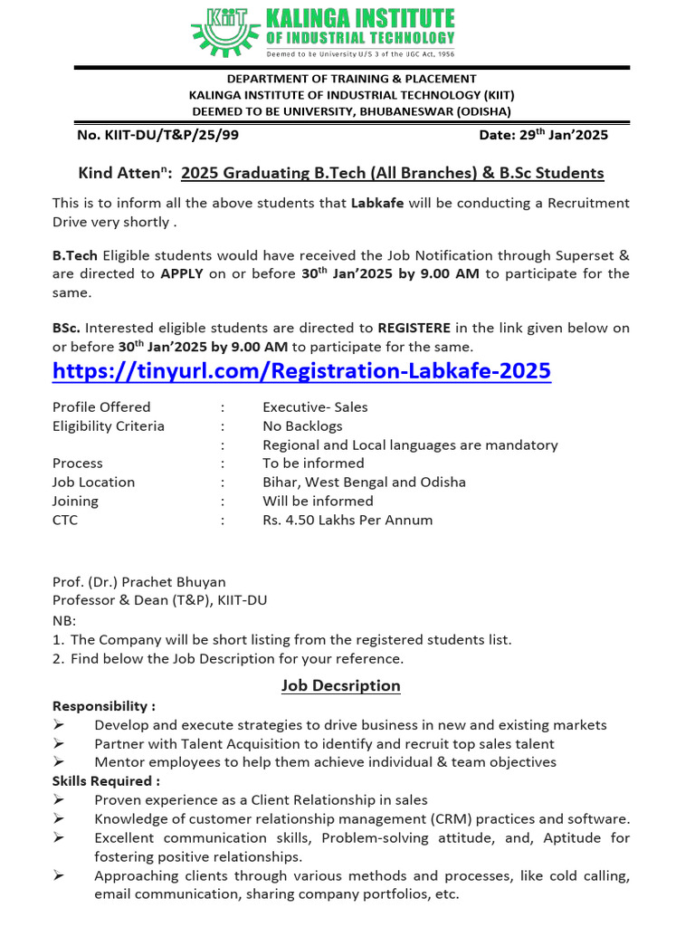 KIIT Recruitment Drive for B.Tech & B.Sc 2025 | PDF | Customer Relationship Management | Business