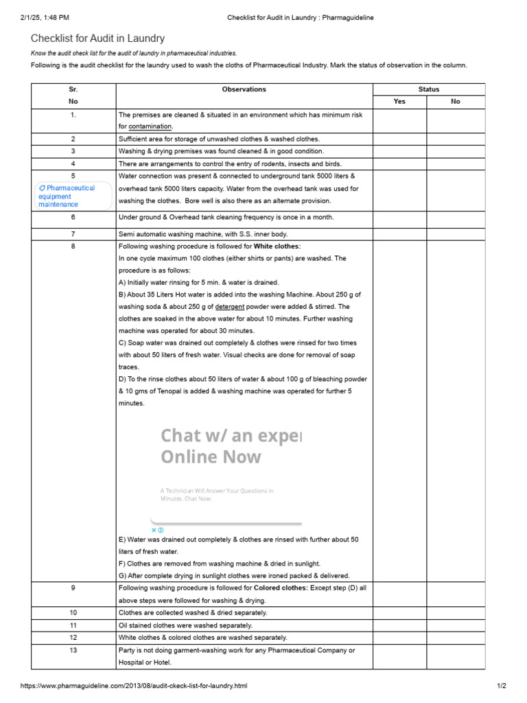 Checklist For Audit in Laundry | PDF | Laundry | Washing Machine