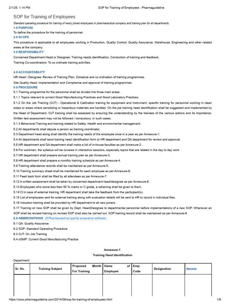 SOP for Training of Employees | PDF | Quality Assurance