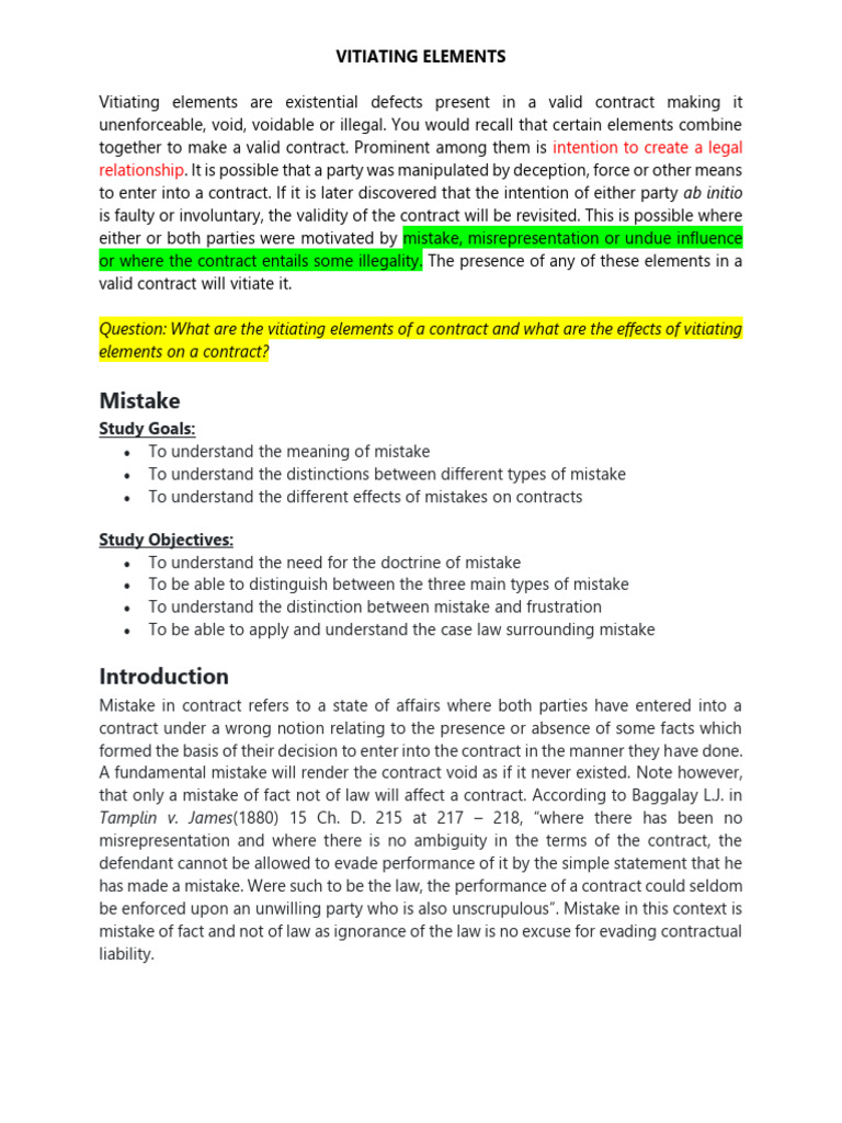 VITIATING ELEMENTS - Mistake | PDF | Misrepresentation | Business Law