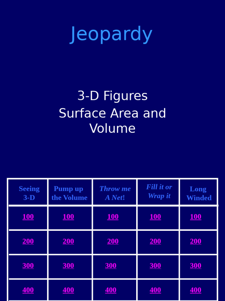 Jeopardy - Surface Area and Volume | PDF | Volume | Area