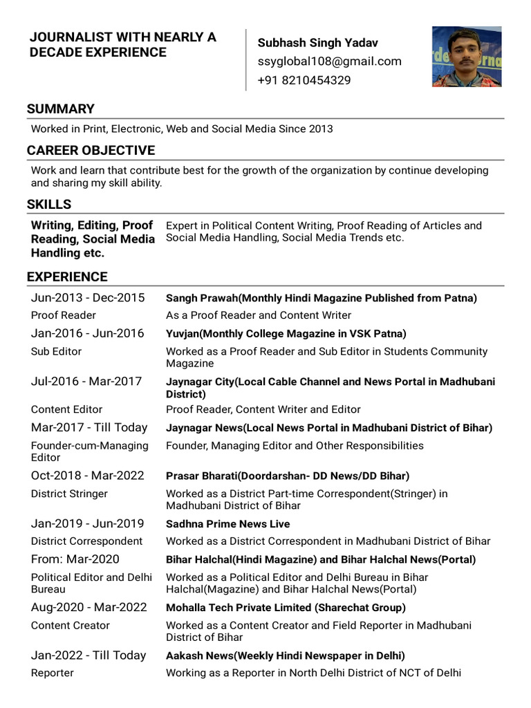 Resume - Subhash Singh Yadav - Format1 | PDF | Human Communication | Mass Media