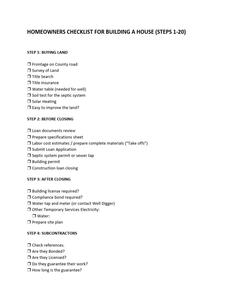 Homeowners Checklist for Building a House | PDF | Framing (Construction ...