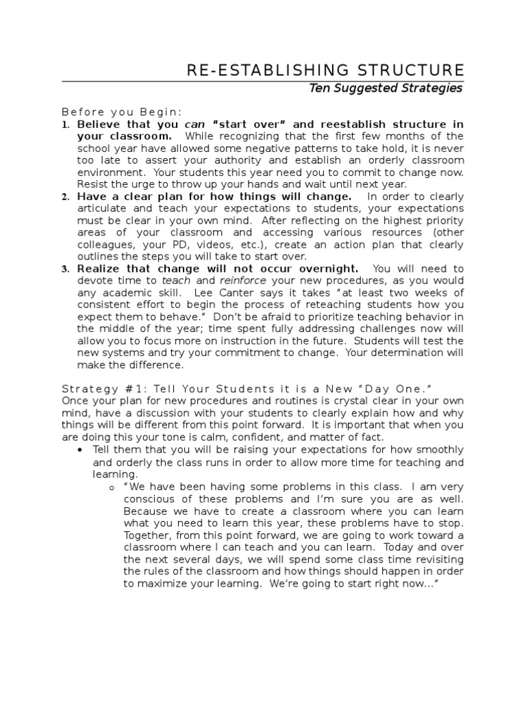 Re-Establishing Structure: Ten Suggested Strategies | PDF | Classroom ...