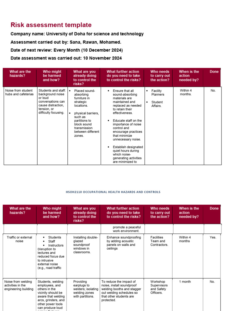 University Noise Risk Assessment Template | PDF | Noise | Occupational ...