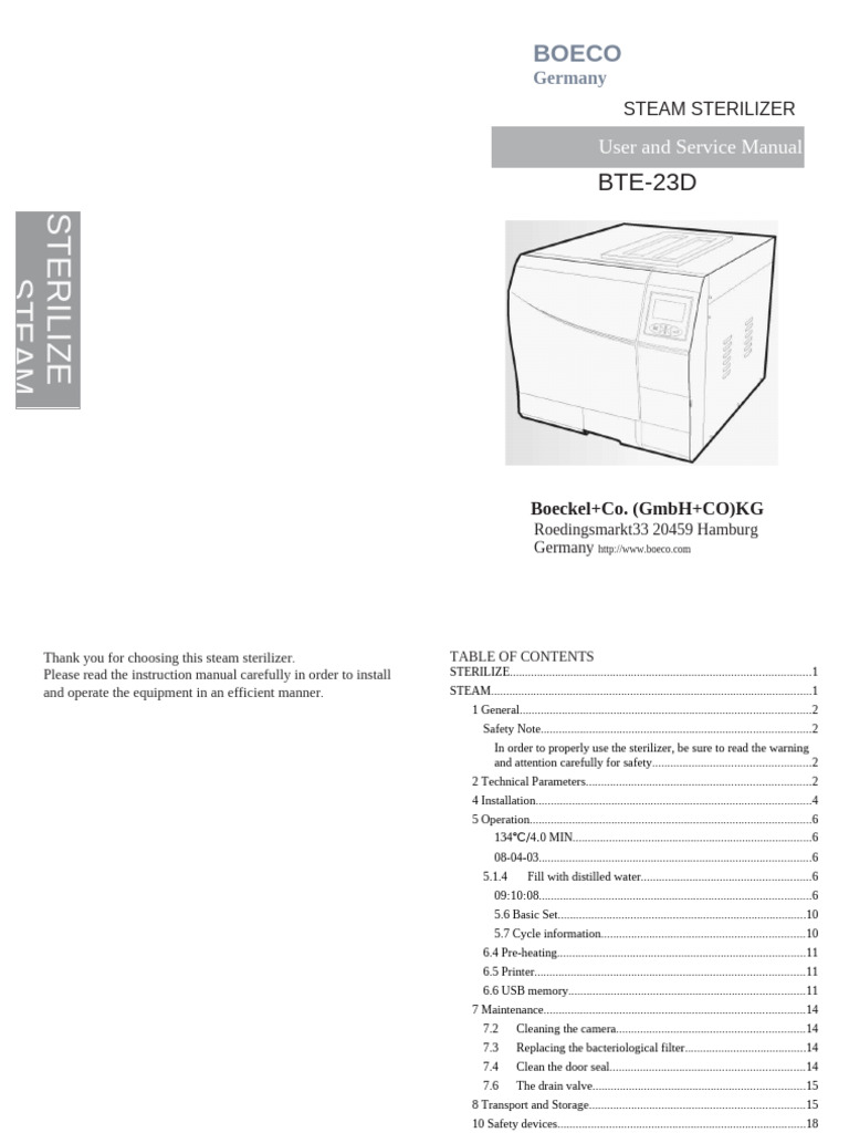 BOECO Sterilizer Manual - BTE-23D | PDF | Steam | Sterilization ...