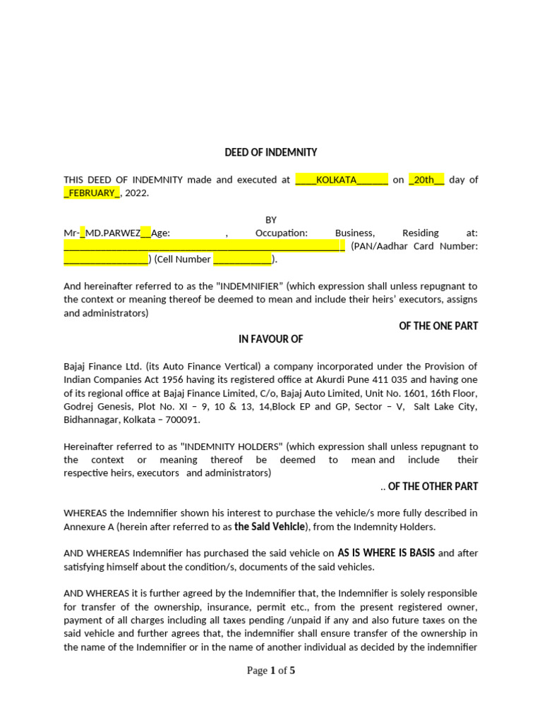 BFL NEW-Indemnity Bond Format-MD PARWEZ (2) | PDF | Indemnity | Private Law