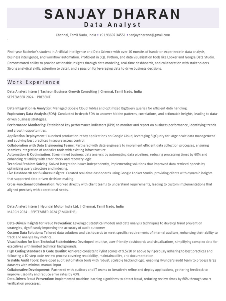 Sanjay Dharan Resume data analyst | PDF | Data Analysis | Cloud Computing